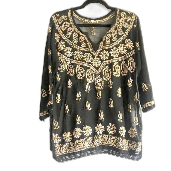 Dresses | Embroidered Semisheer Black Gold Tunic Top Size Medium | Poshmark